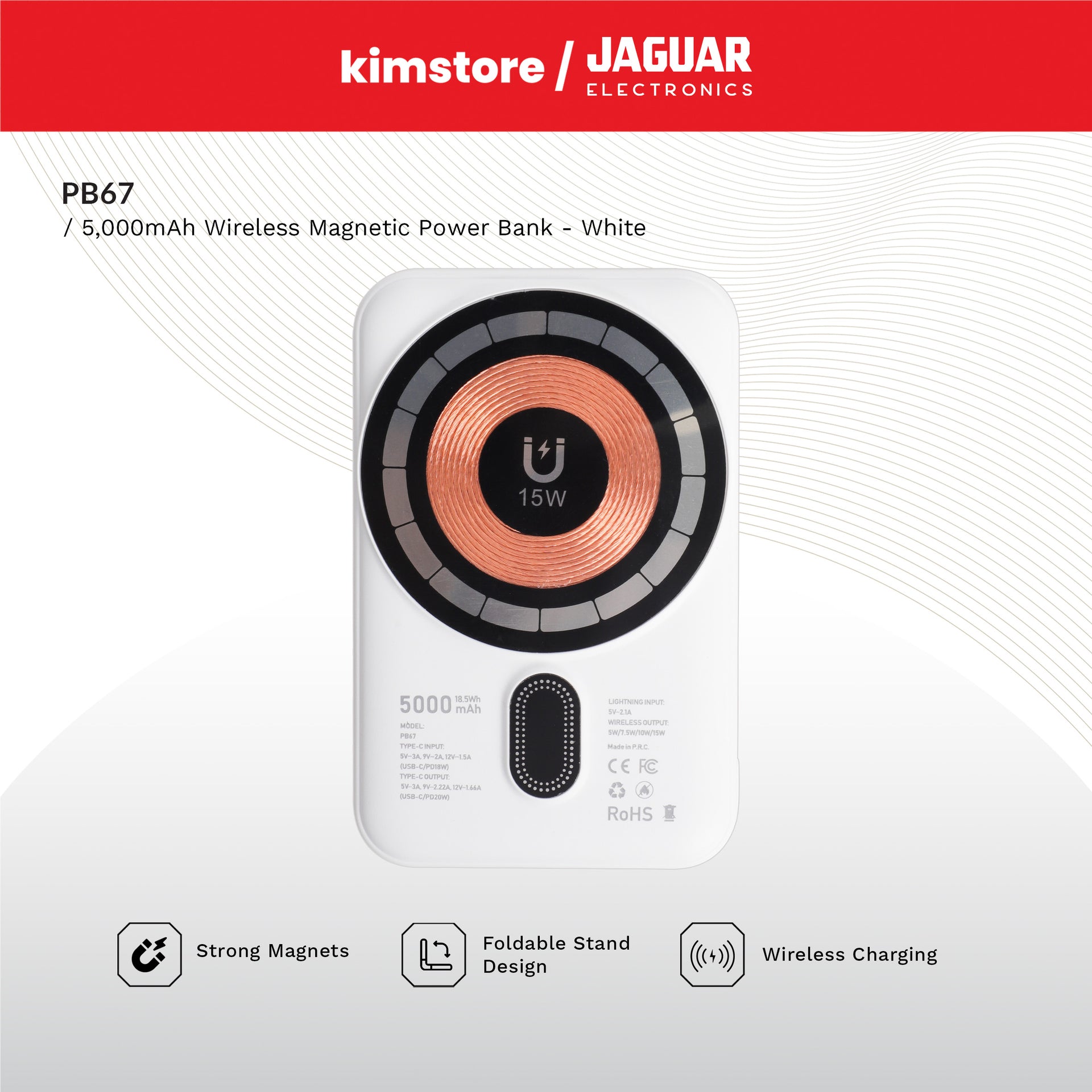 Jaguar Electronics PB67 Magnetic Wireless Power Bank with Foldable Sta